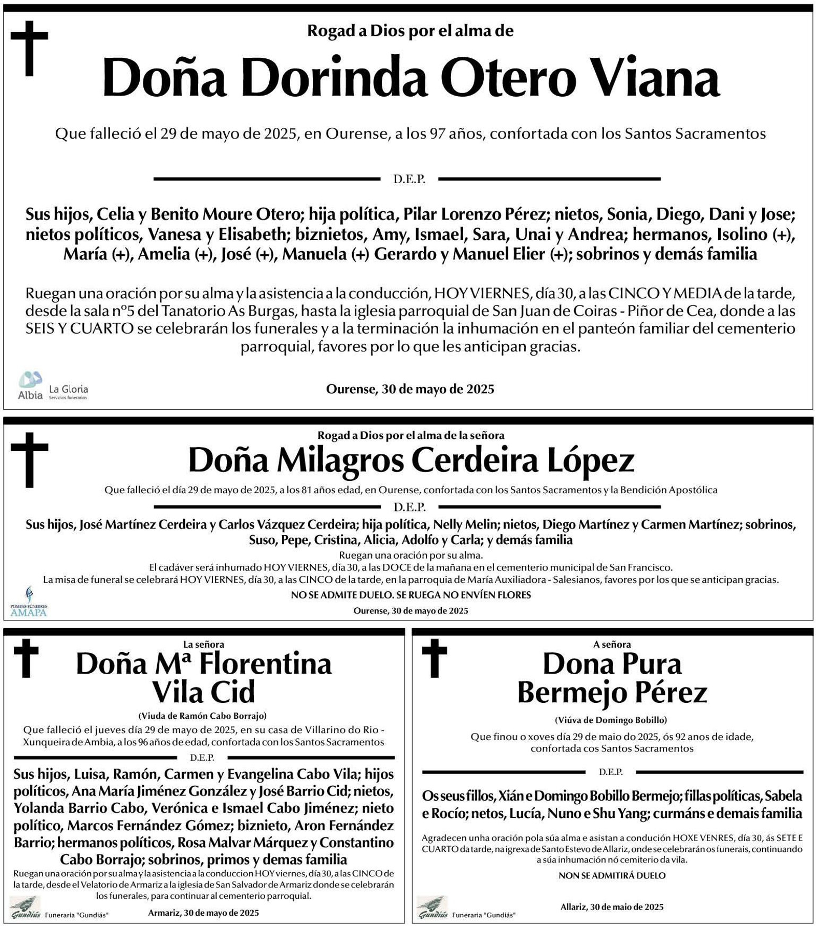 Las esquelas de este viernes, 30 de mayo, en Ourense